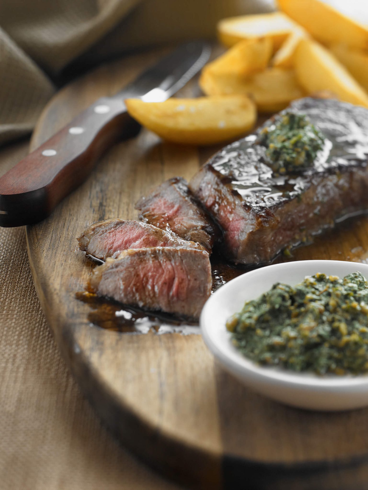 Chargrilled Steak with Fat Chips and Basil Pesto - Moro Olive Oil